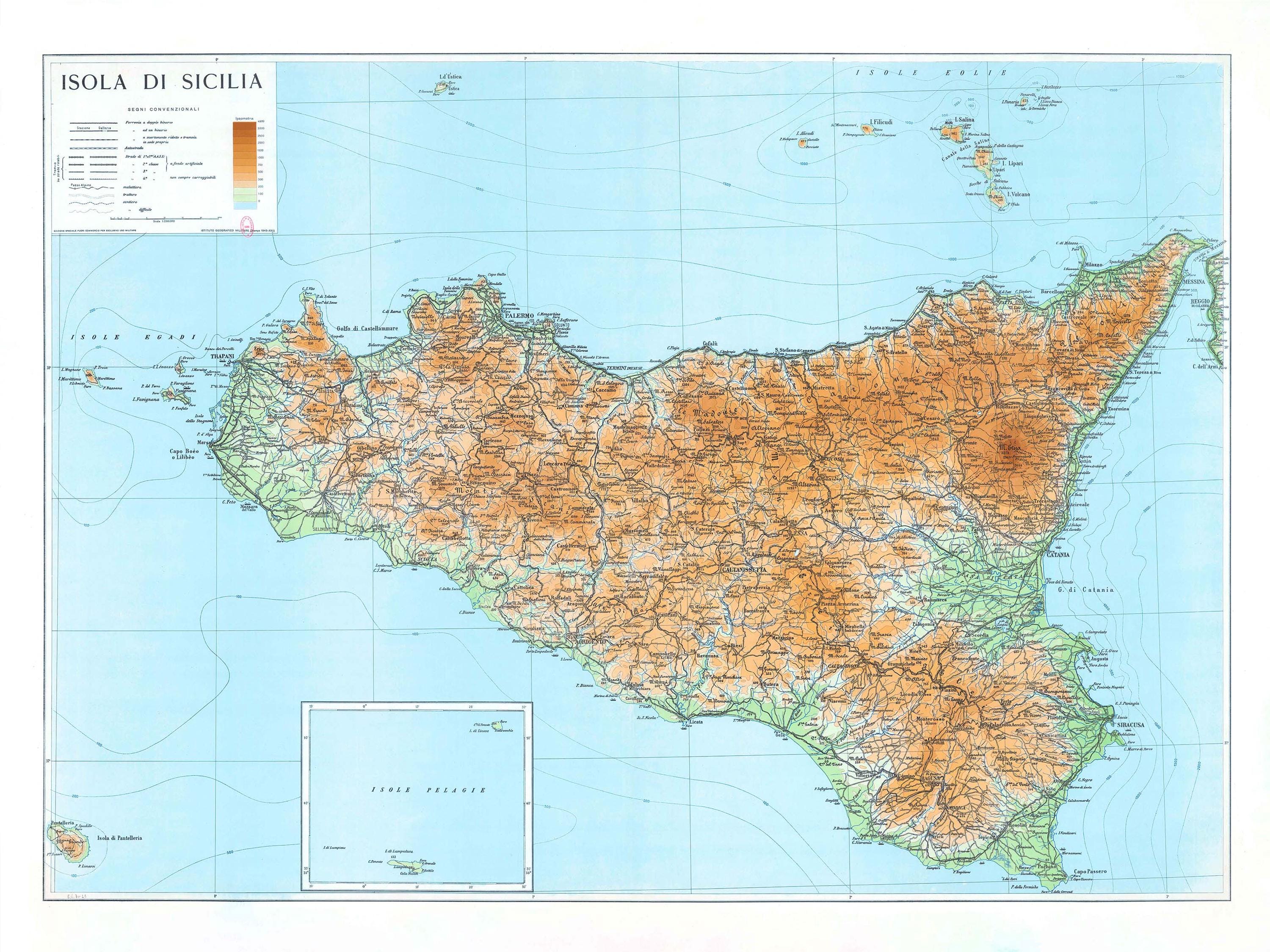 Sicily Topographic Map 1943 - Restored Historical Map Print - Etsy