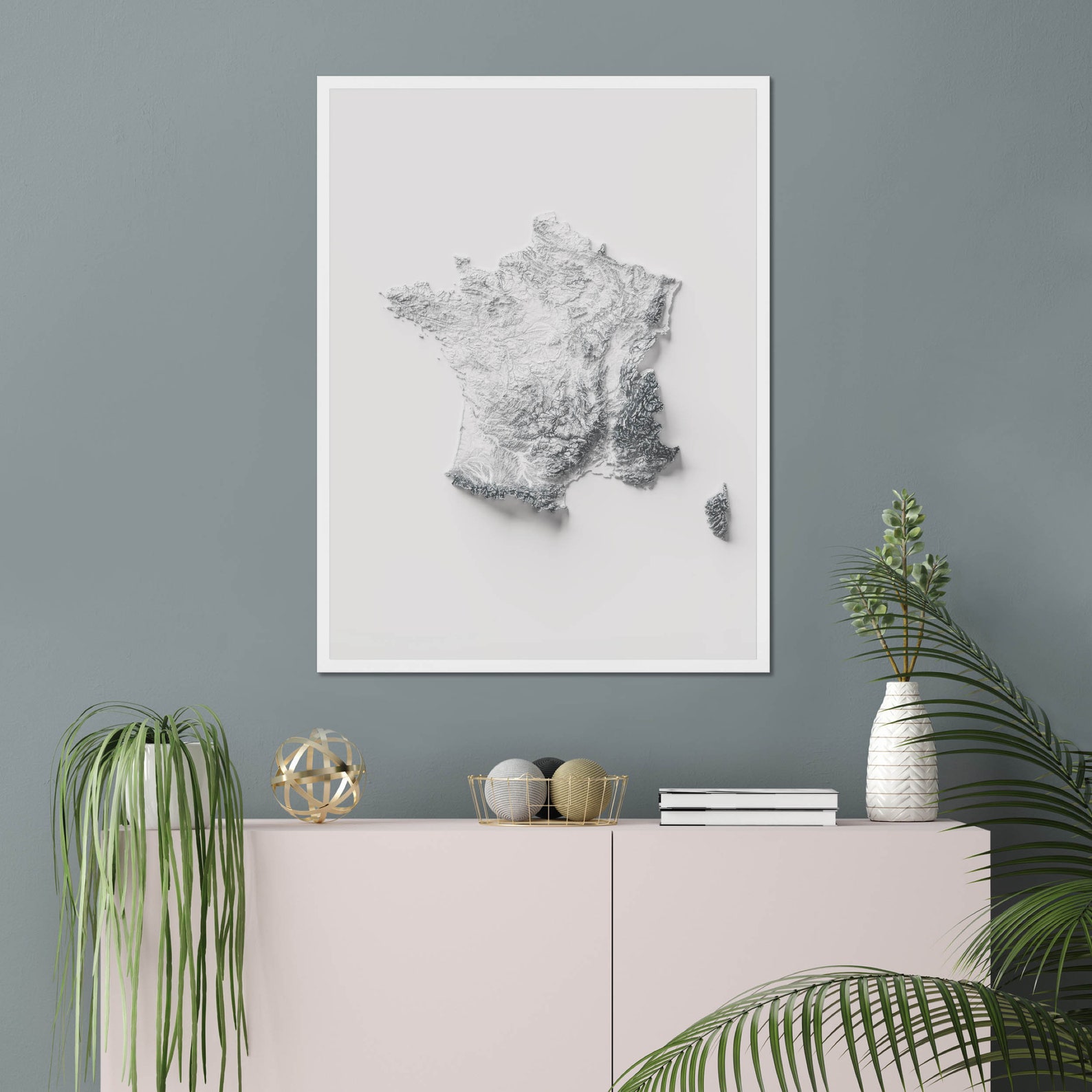 France Elevation Map (white) - 2D Poster Shaded Relief Map, Fine Art ...