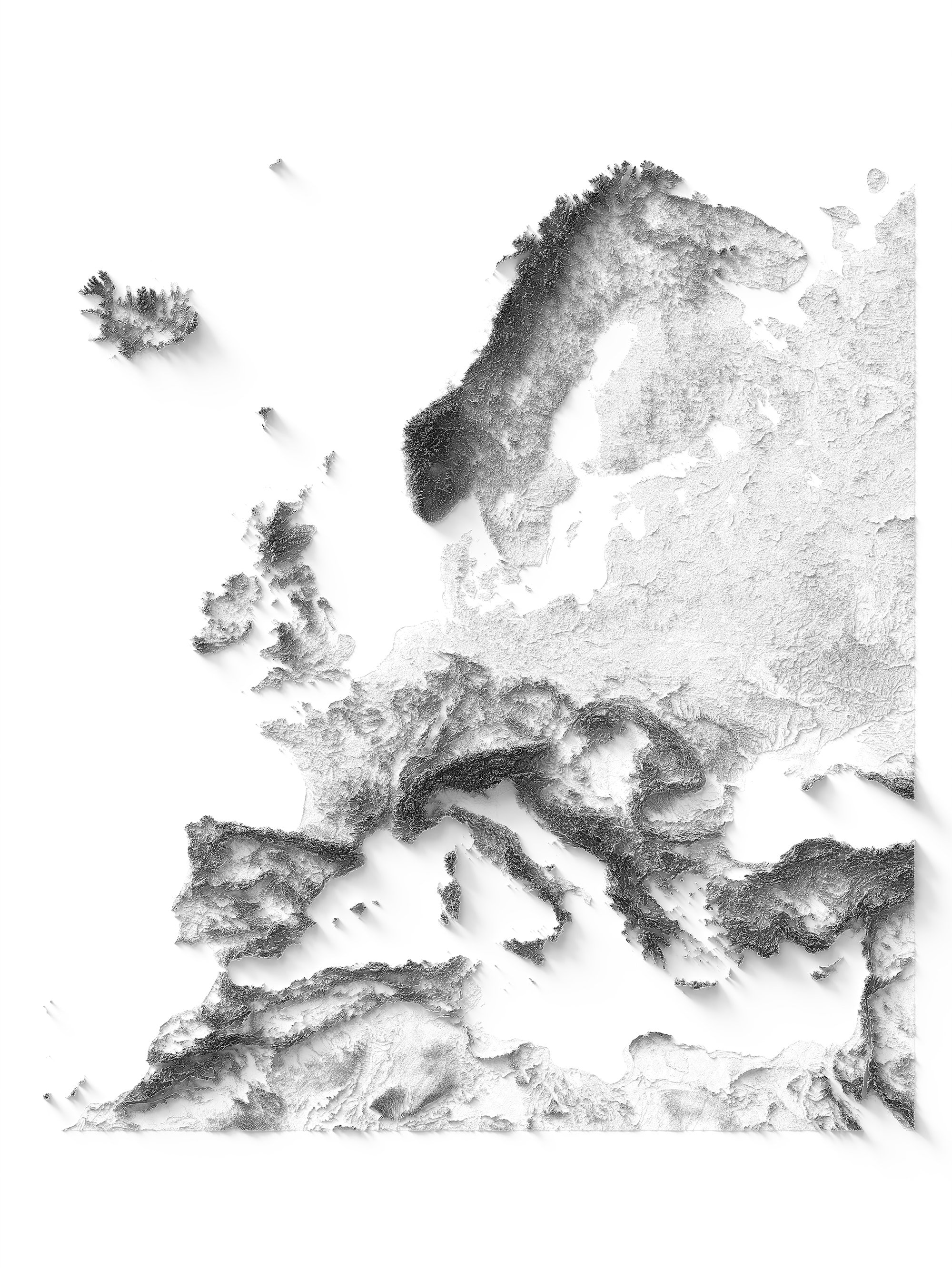 Europe Elevation Map white 2D Poster Shaded Relief Map, Fine Art Wall ...