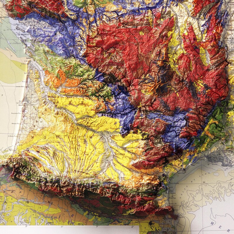 France Geological Map of 1980 2D Poster Shaded Relief Map, Fine Art ...