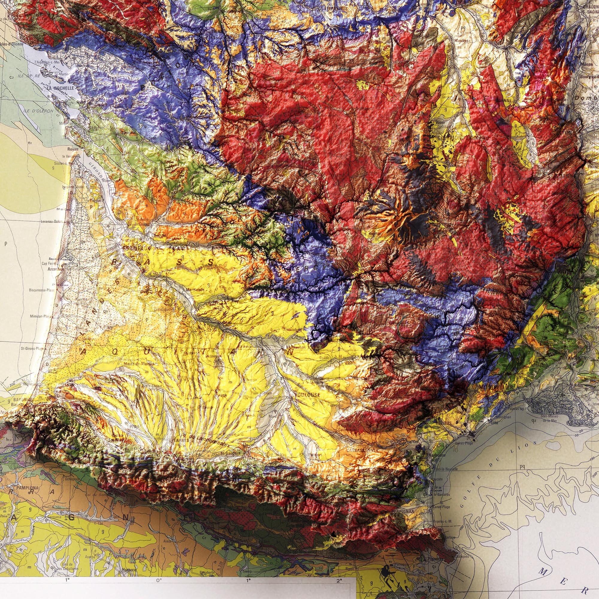 France Geological Map of 1980 2D Poster Shaded Relief Map, Fine Art ...