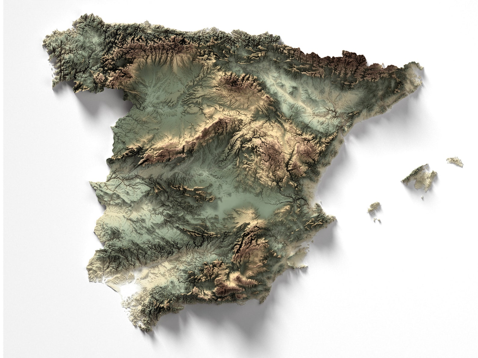 Spain Elevation Map geo 2D Poster Shaded Relief Map, Fine Art Wall ...