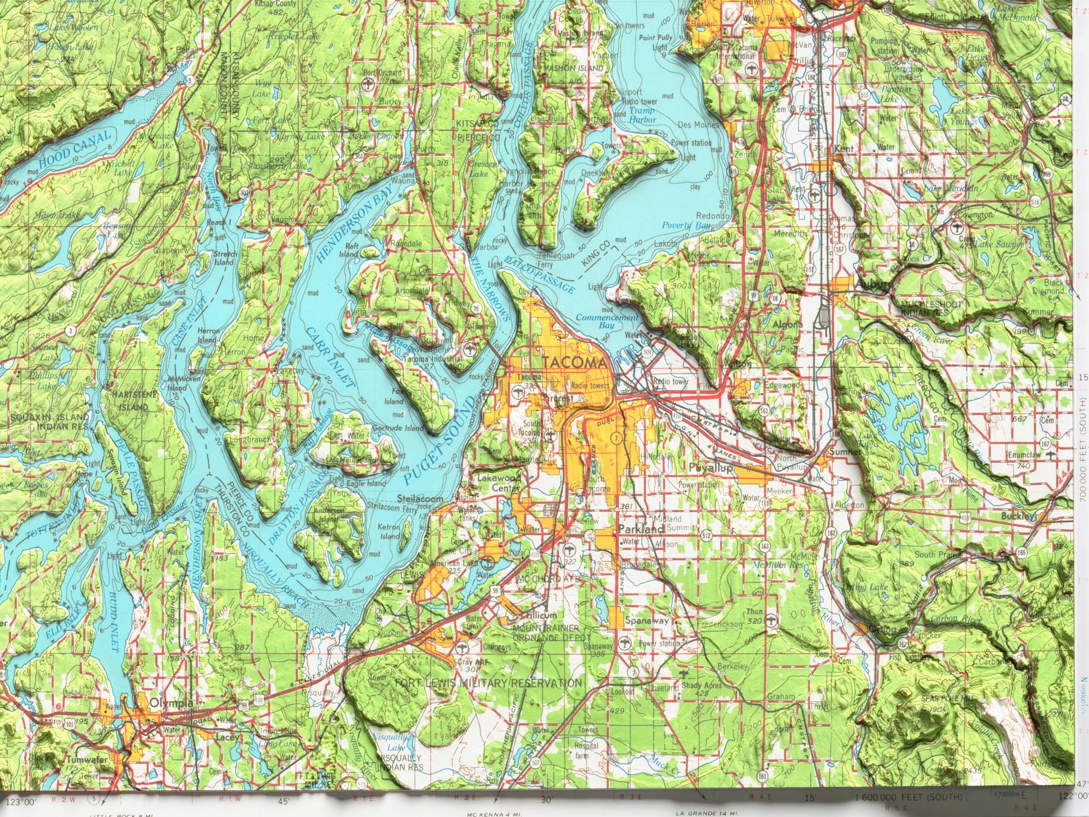 Seattle washington, USA Topographic Map of 1958 2D Poster Shaded Relief ...