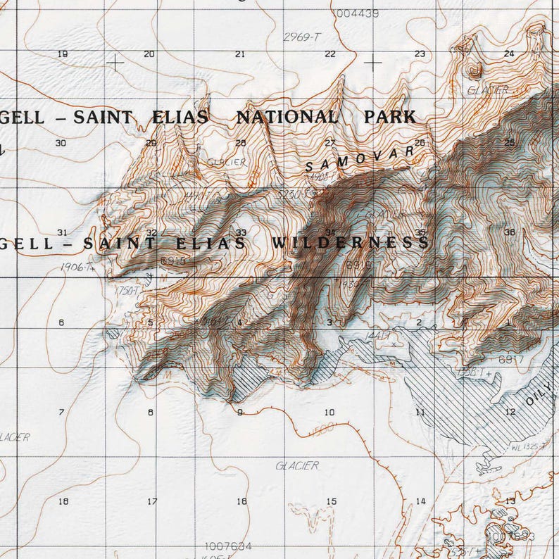 Mt Saint Elias (alaska, USA) Topographic Map of 1985 - 2D Poster Shaded ...