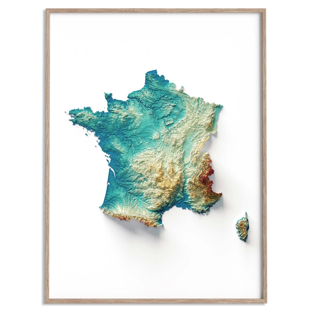 France Elevation Map (spectral) - 2D Poster Shaded Relief Map, Fine Art ...