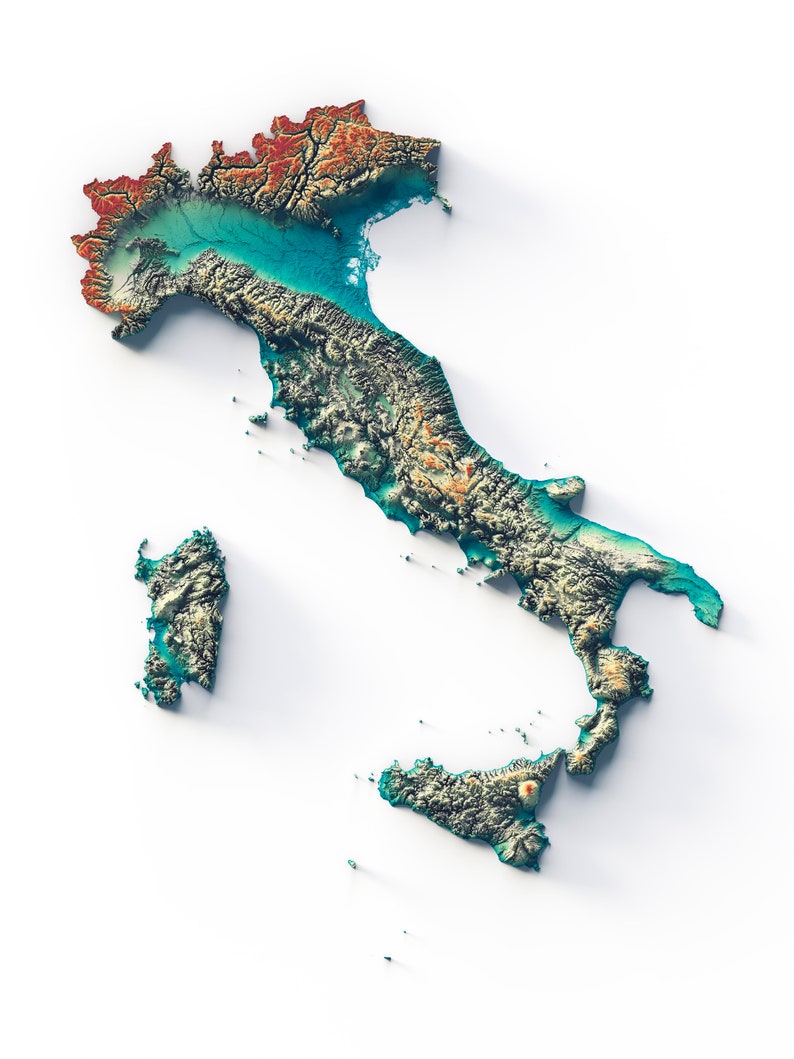 Italy Elevation Map spectral 2D Poster Shaded Relief Map, Fine Art Wall ...