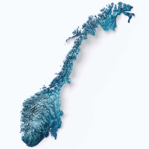 Norway Elevation Map (blue) - 2D Poster Shaded Relief Map, Fine Art Wall Decor, Geoghraphy ...