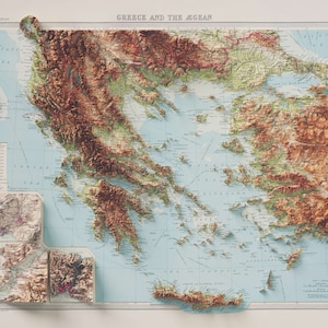 Greece Topographic Map of 1922 - 2D Poster Shaded Relief Map, Fine Art ...