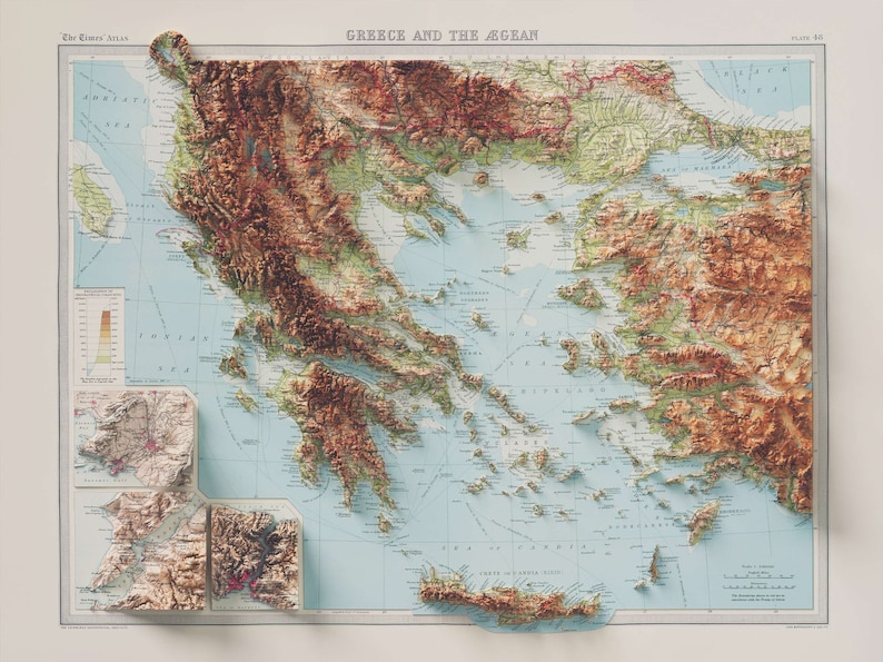Greece 1922 Topographic Map: Vintage Flat Shaded Relief Print Art - Etsy