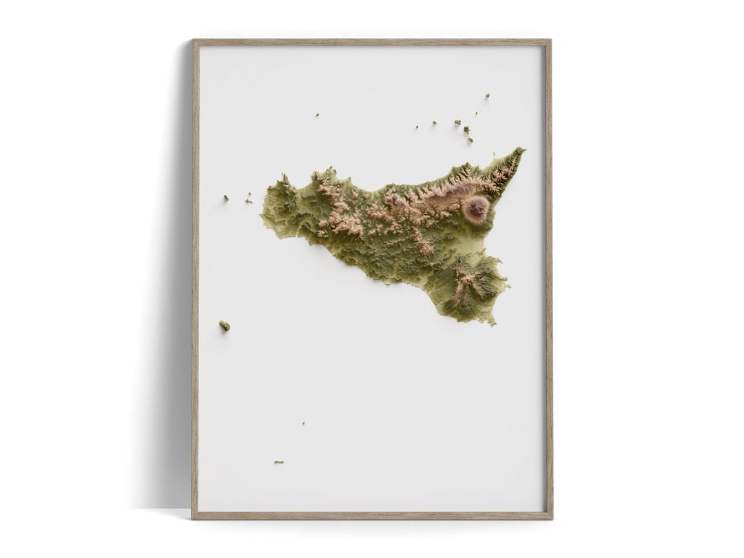 Sicily, Italy Elevation Map Geo 2D Poster Shaded Relief Map, Fine Art ...