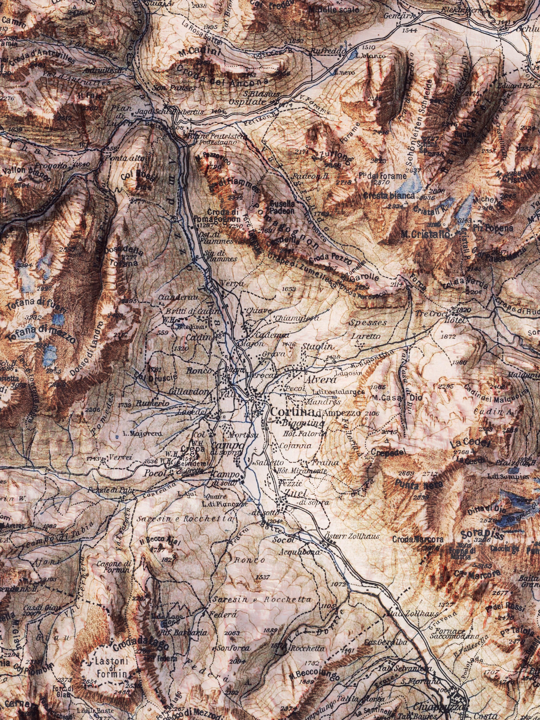 1904 | Topographic map Shaded relief map Italy Fine Art print Dolomites ...