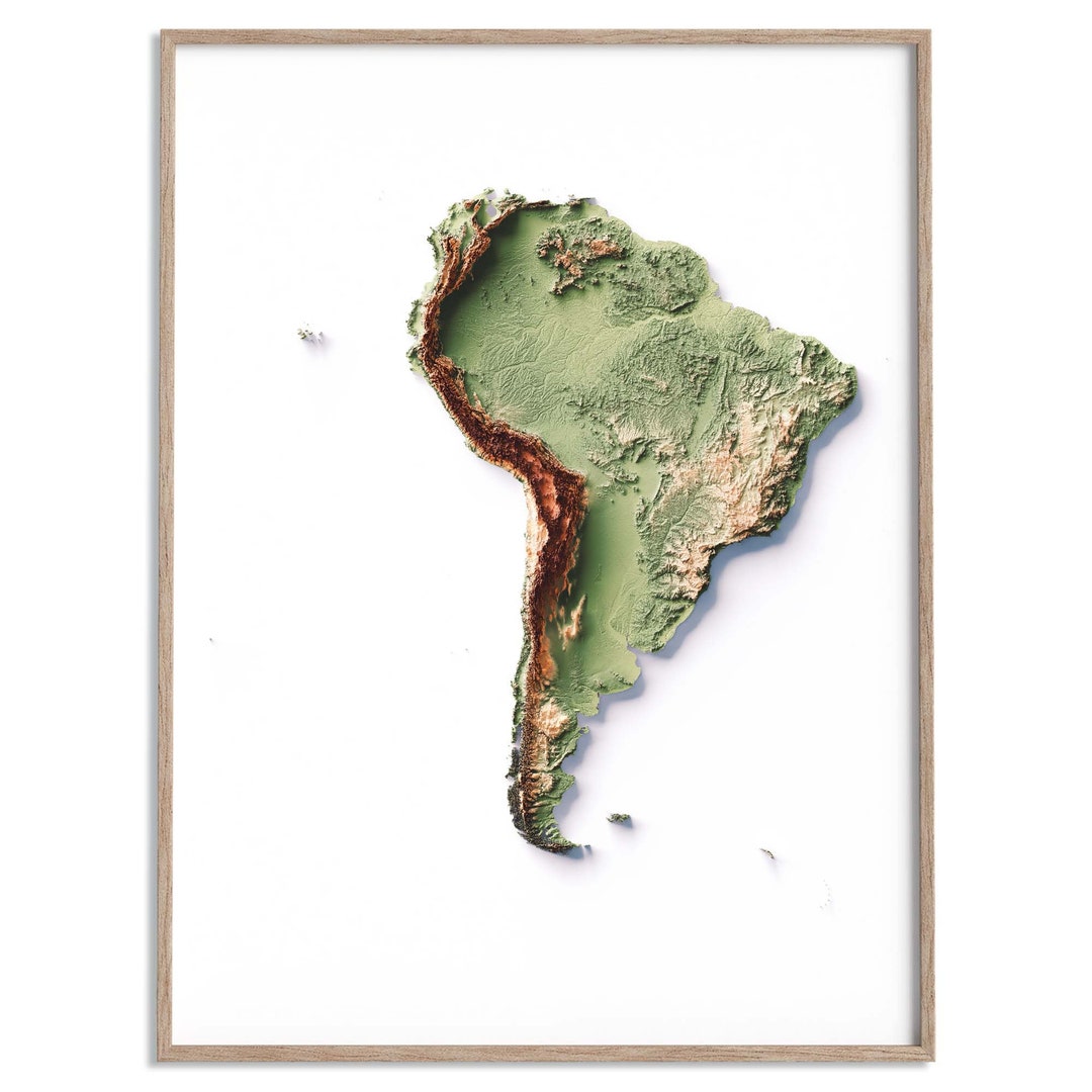 South America Elevation Map (geo) - 2D Poster Shaded Relief Map, Fine ...