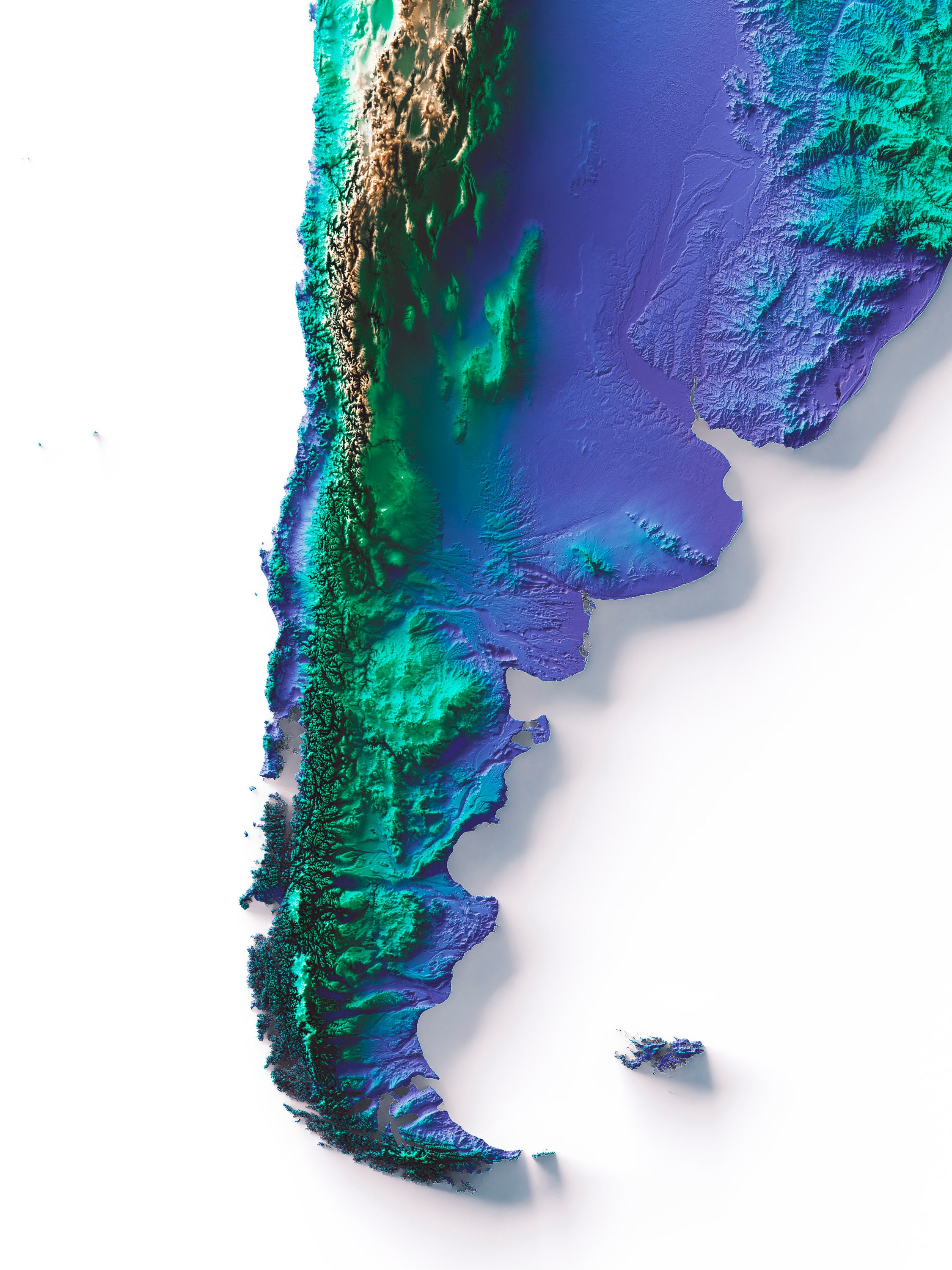 South America Elevation Map viridis 2D Poster Shaded Relief Map, Fine ...