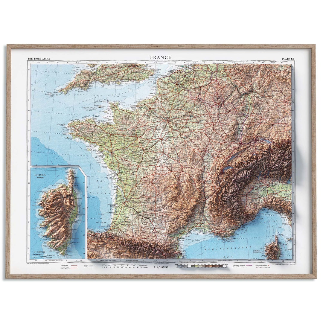 France Topographic Map of 1955 - 2D Poster Shaded Relief Map, Fine Art ...