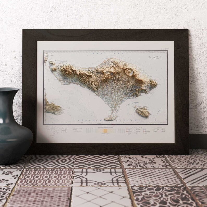Bali (indonesia) Topographic Map of 1935 - 2D Poster Shaded Relief Map ...