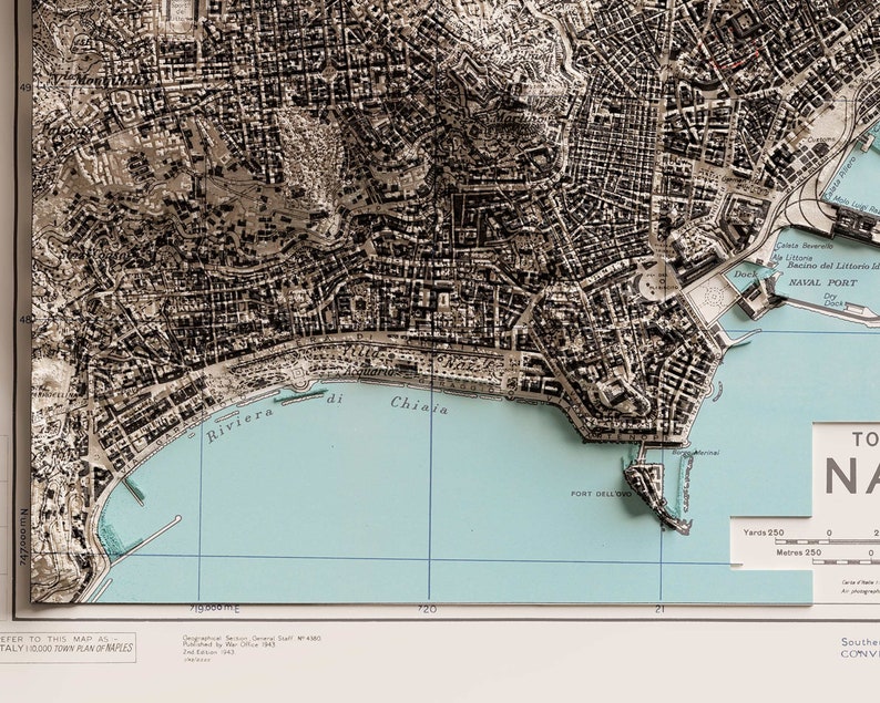 Naples italy City Map of 1943 2D Poster Shaded Relief Map - Etsy