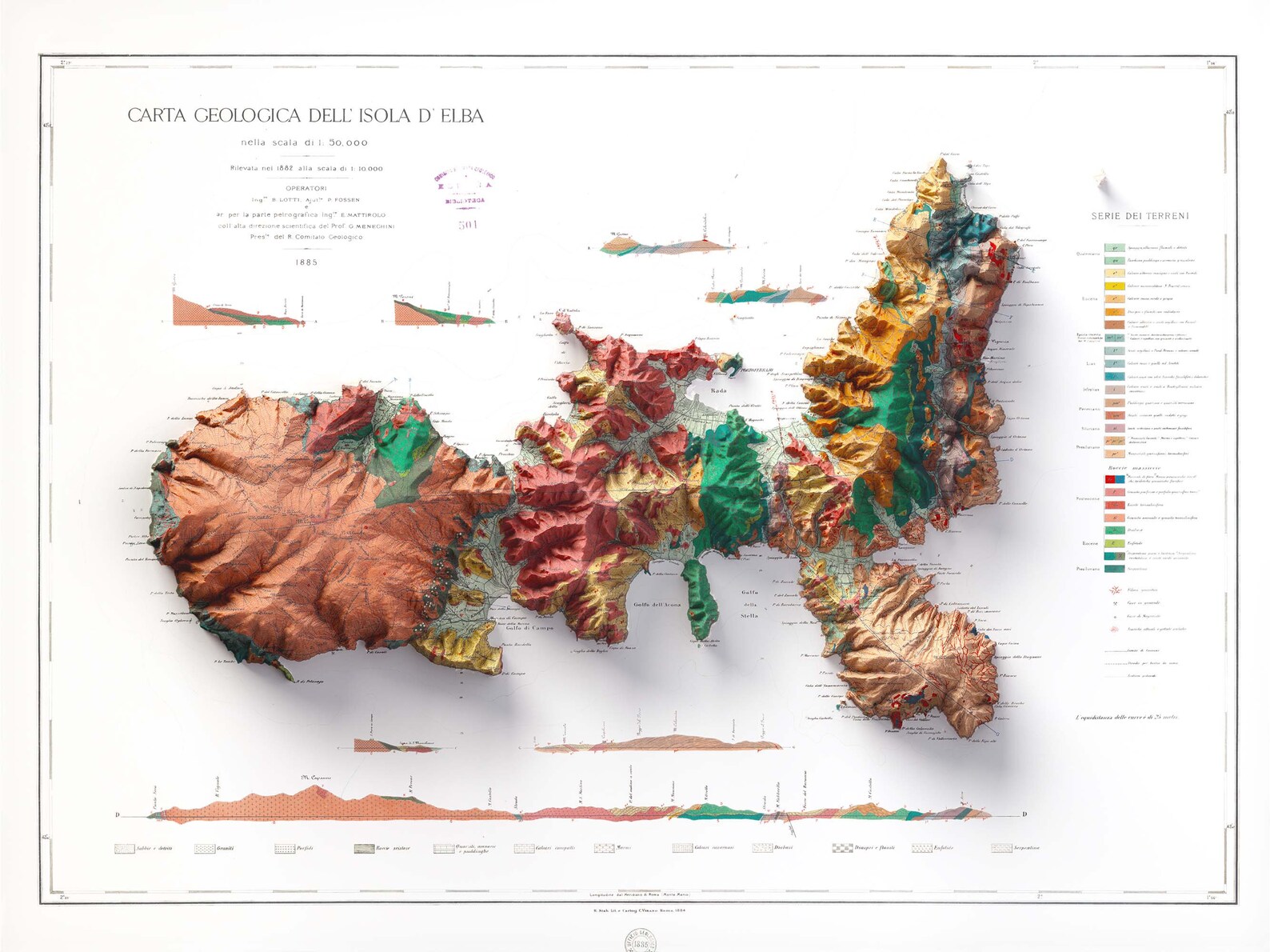 Elba Island (italy) Geological Map of 1884 - 2D Poster Shaded Relief ...
