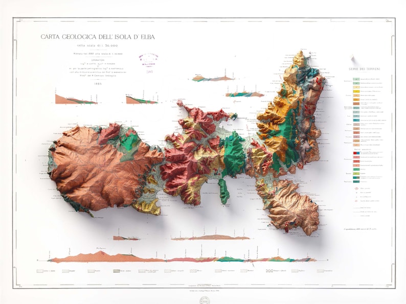Elba Island (italy) Geological Map of 1884 - 2D Poster Shaded Relief ...