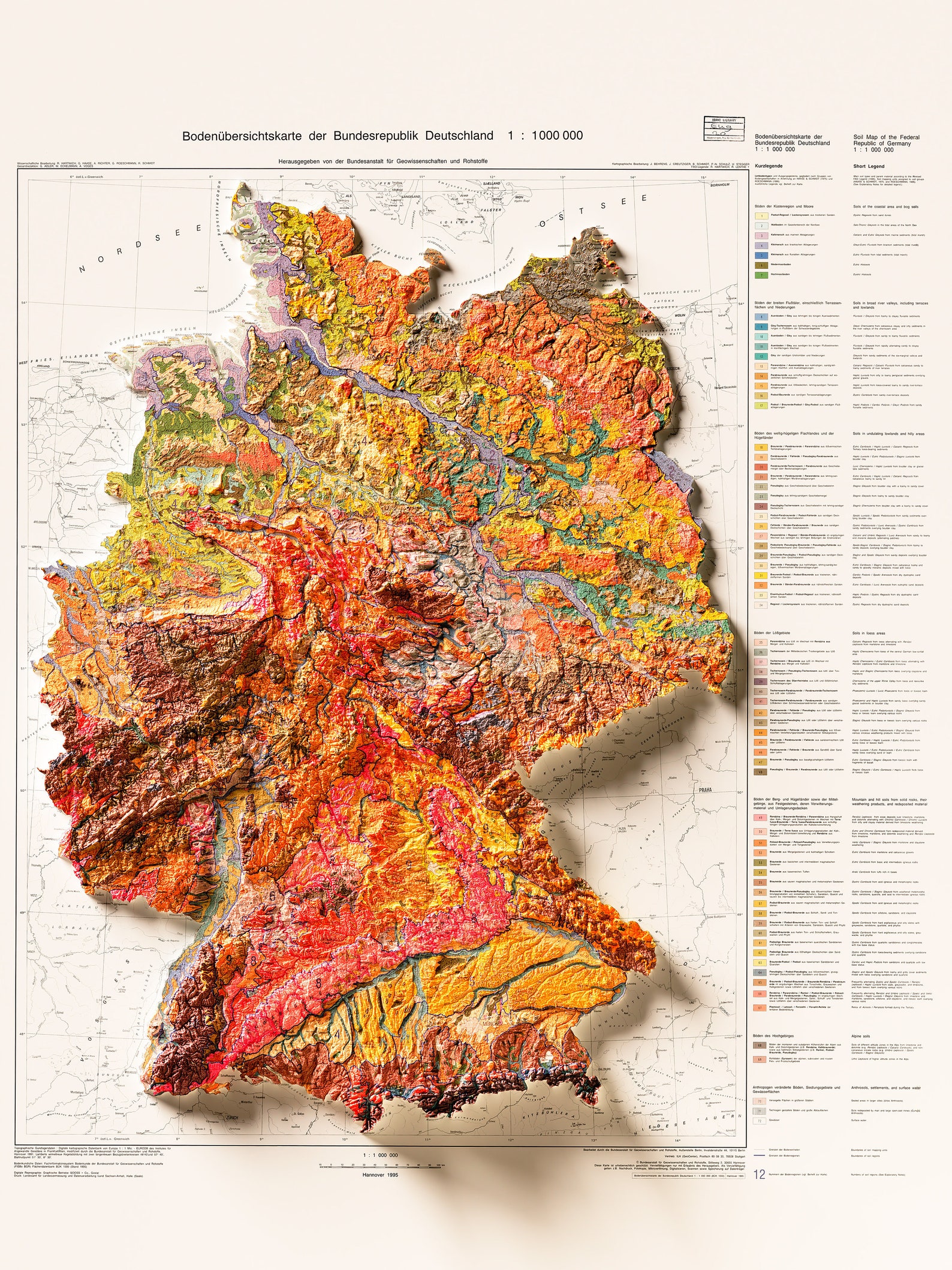 Germany Soil Map of 1995 2D Poster Shaded Relief Map, Fine Art Wall ...