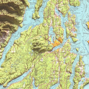 Seattle (washington, USA) Topographic Map of 1958 - 2D Poster Shaded ...