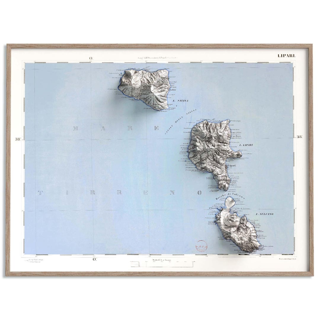 Lipari (italy) Topographic Map of 1873 - 2D Poster Shaded Relief Map ...