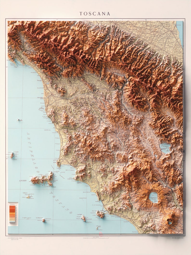 Tuscany italy Topographic Map of 1935 2D Poster Shaded Relief Map, Fine ...
