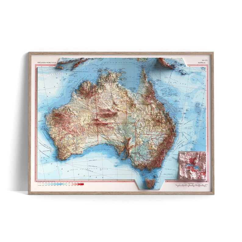 Australia Topographic Map of 1967 2D Poster Shaded Relief Map, Fine Art ...
