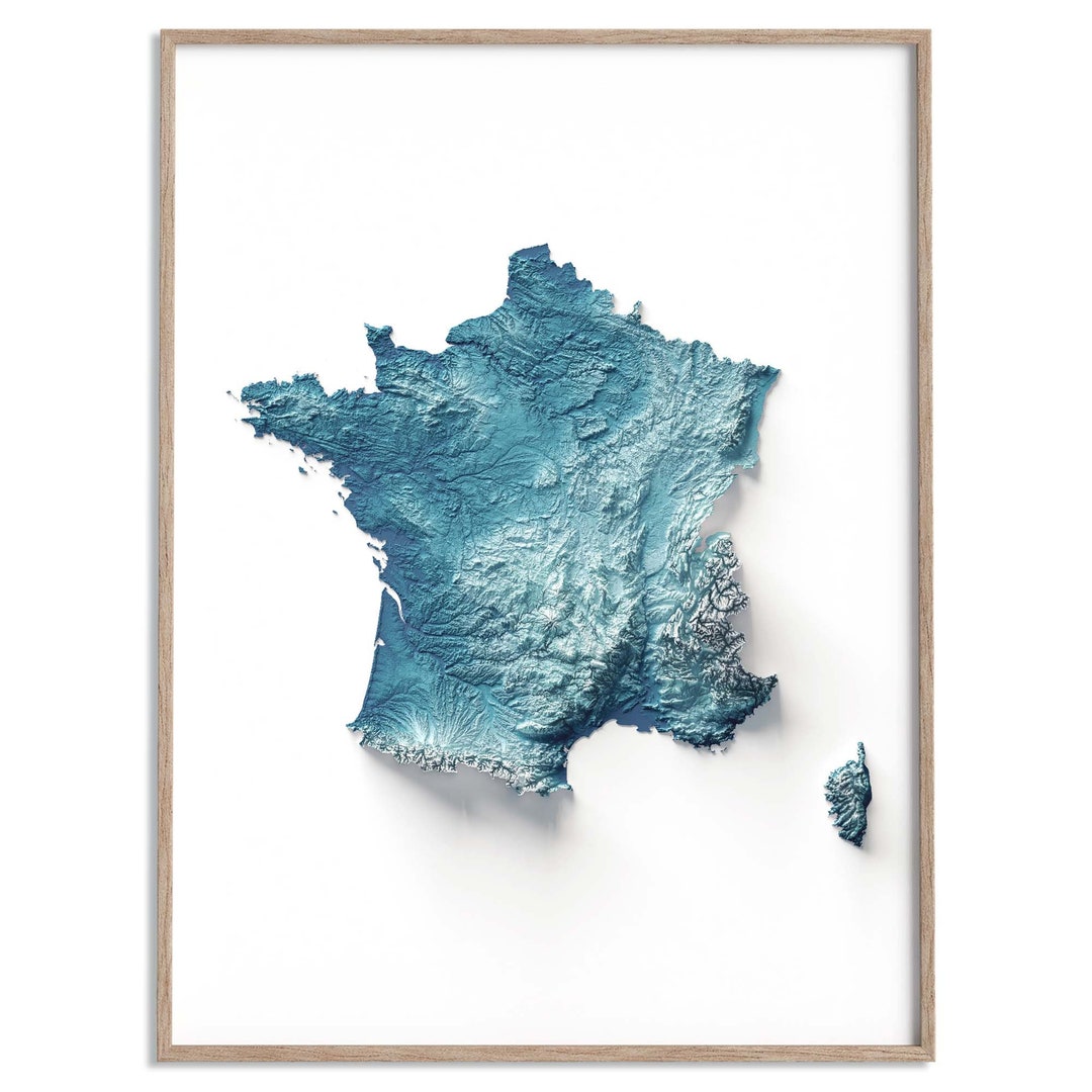 France Elevation Map (deep Blue) - 2D Poster Shaded Relief Map, Fine ...