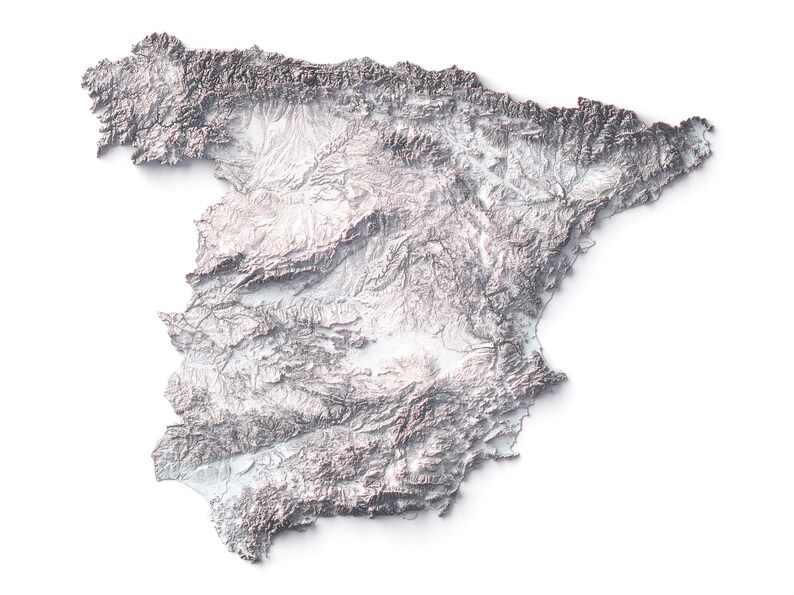 Spain Continental Elevation Map (white): Flat Shaded Relief Print Art ...