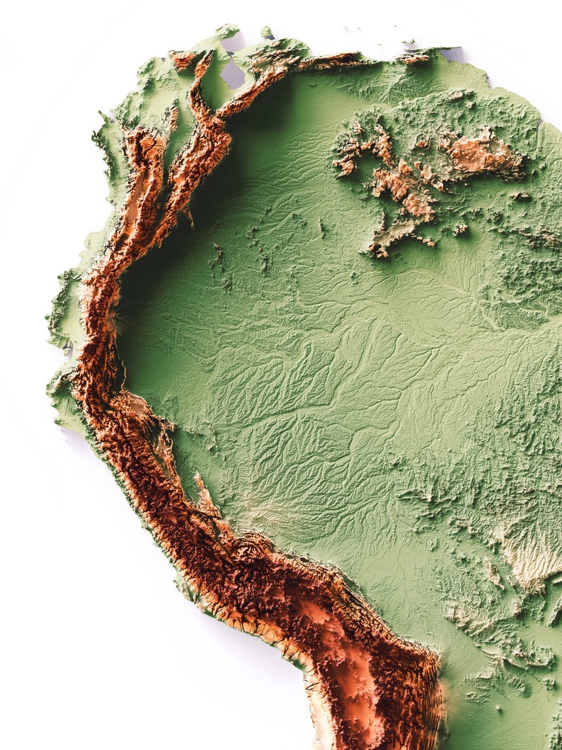South America Elevation Map geo 2D Poster Shaded Relief Map, Fine Art ...