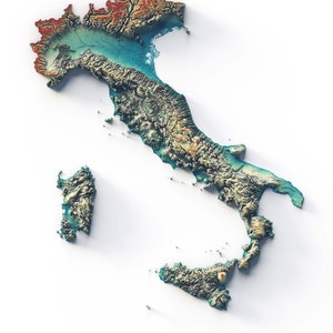 Italy Elevation Map (spectral) - 2D Poster Shaded Relief Map, Fine Art ...