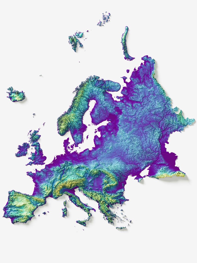 Europe Elevation Map (viridis) - 2D Poster Shaded Relief Map, Fine Art ...