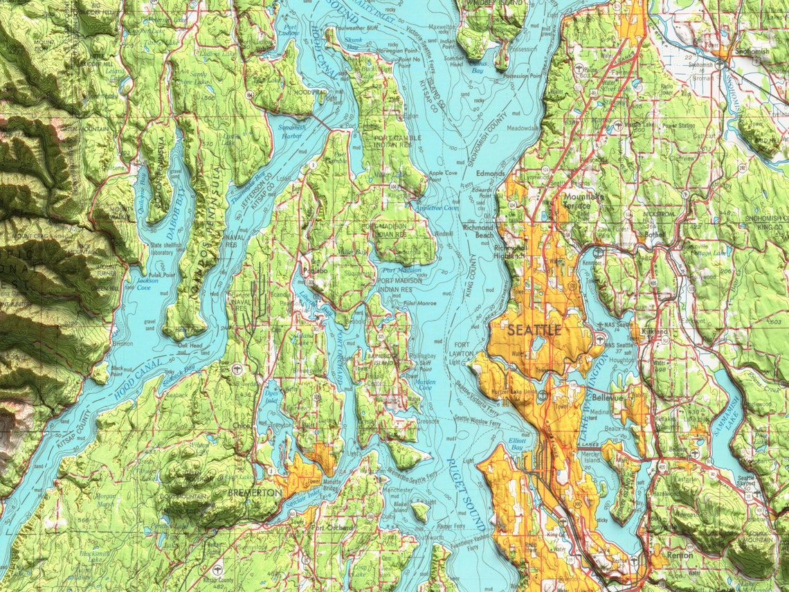 Seattle washington USA Topographic Map of 1958 2D Poster - Etsy