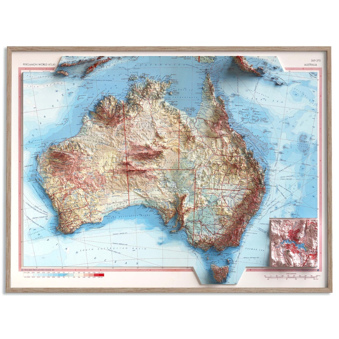 Australia Topographic Map of 1967 - 2D Poster Shaded Relief Map, Fine ...