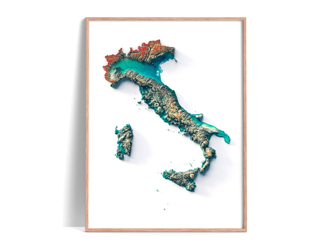 Italy Elevation Map spectral 2D Poster Shaded Relief Map, Fine Art Wall ...