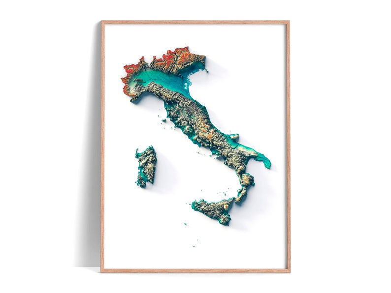 Italy Elevation Map spectral 2D Poster Shaded Relief Map, Fine Art Wall ...