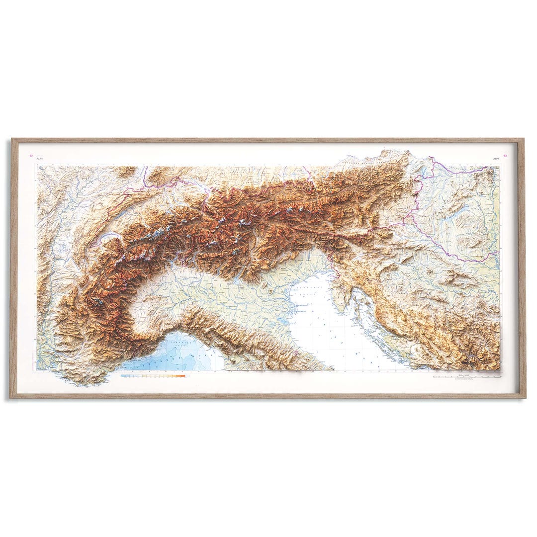 Alps Topographic Map of 1965 - 2D Poster Shaded Relief Map, Fine Art ...