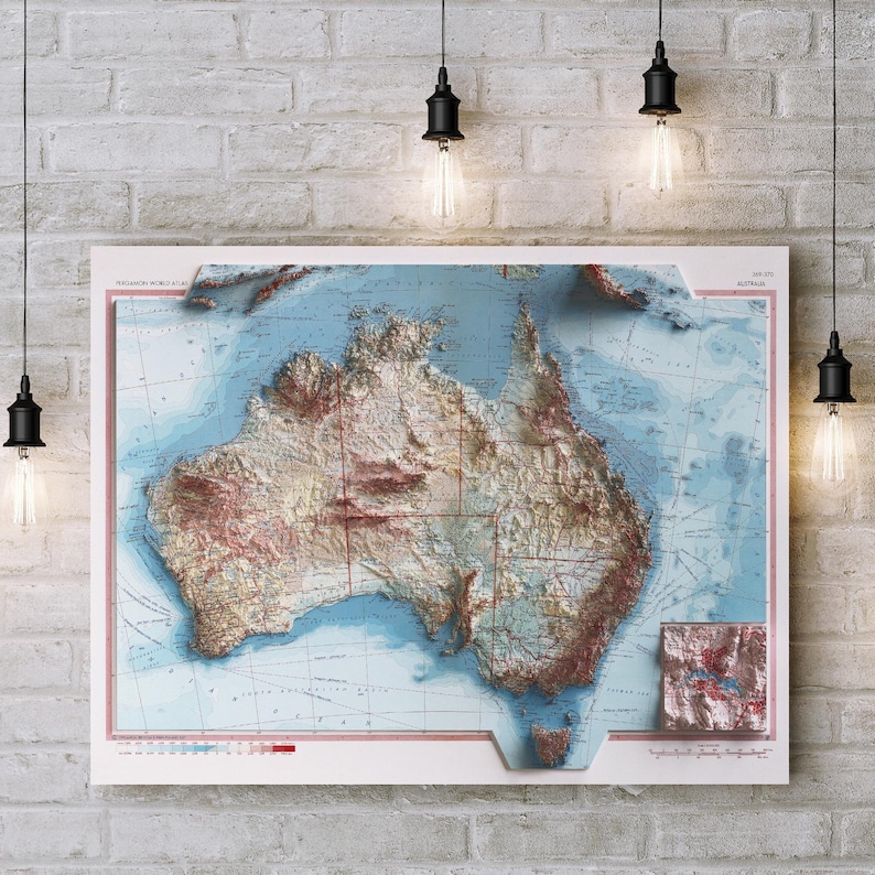 Australia Topographic Map of 1967 2D Poster Shaded Relief Map, Fine Art ...