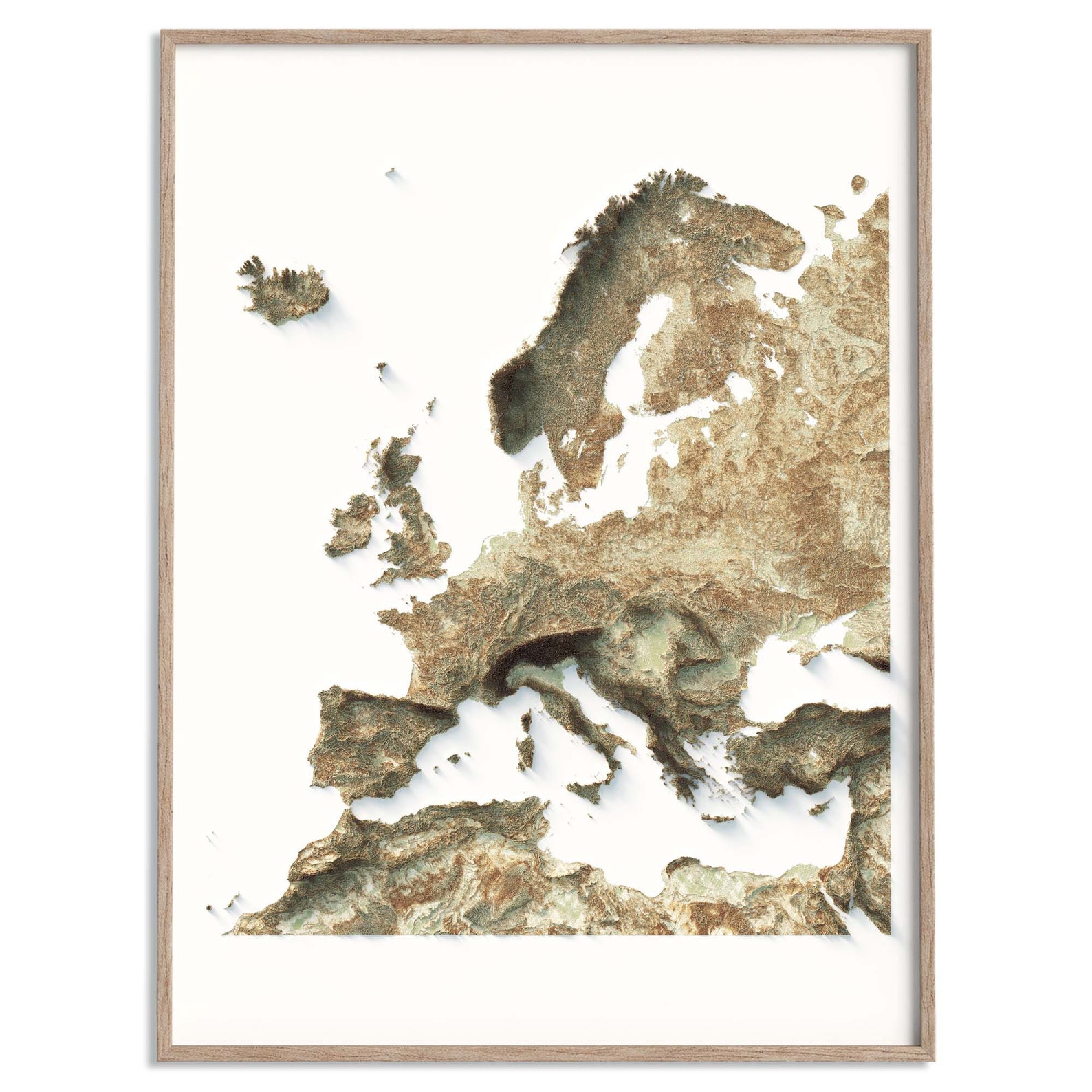 Europe Elevation Map geo 2D Poster Shaded Relief Map, Fine Art Wall ...