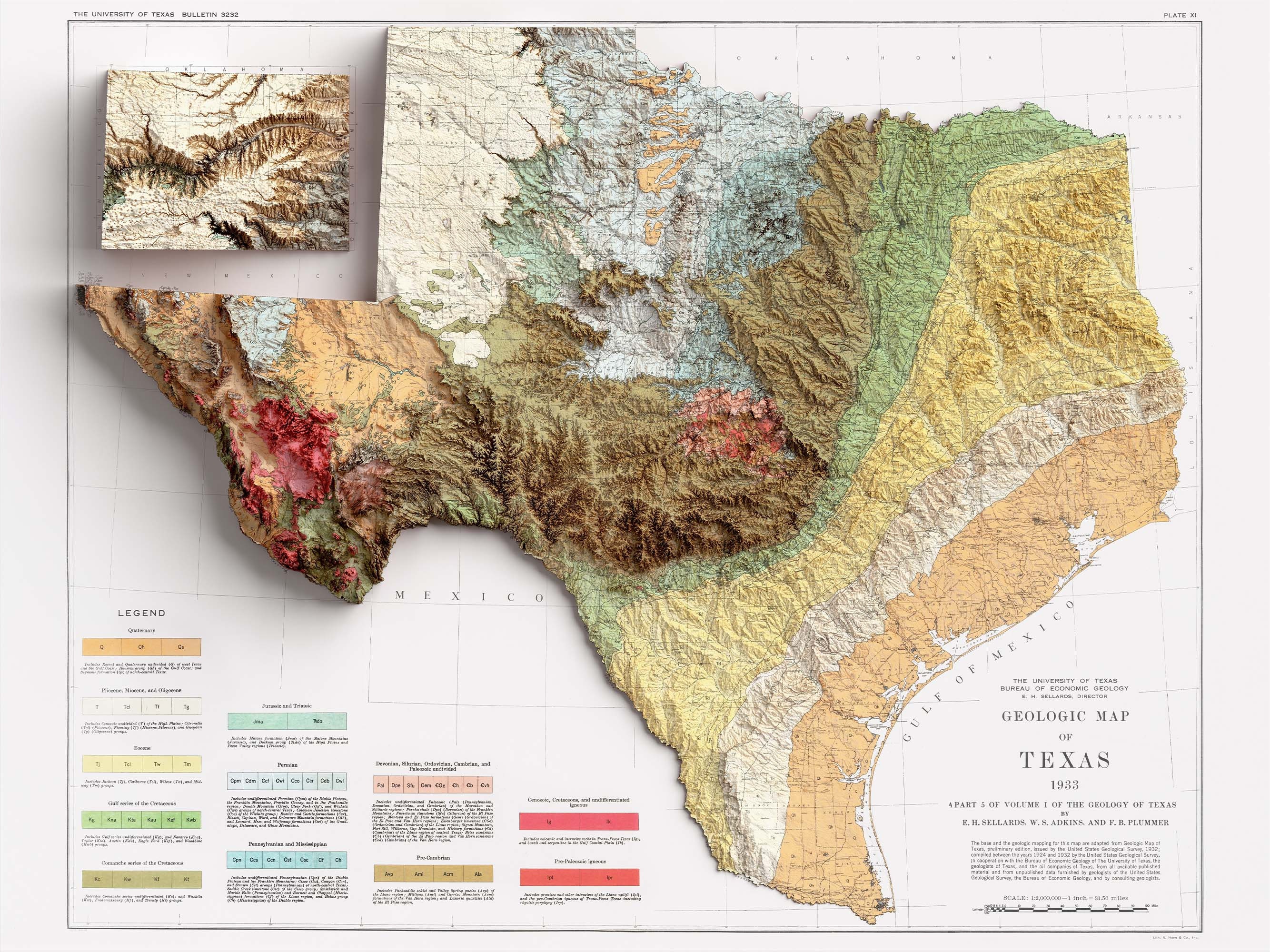 Texas (USA) 1933 Geological Map: Vintage Flat Shaded Relief Print Art ...