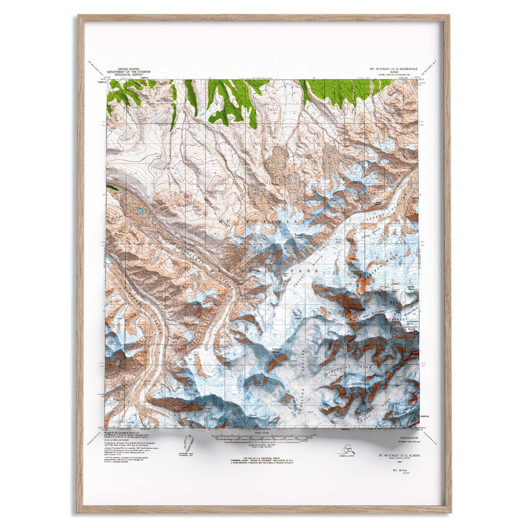 Mt Denali (alaska, USA) Topographic Map of 1964 - 2D Poster Shaded ...