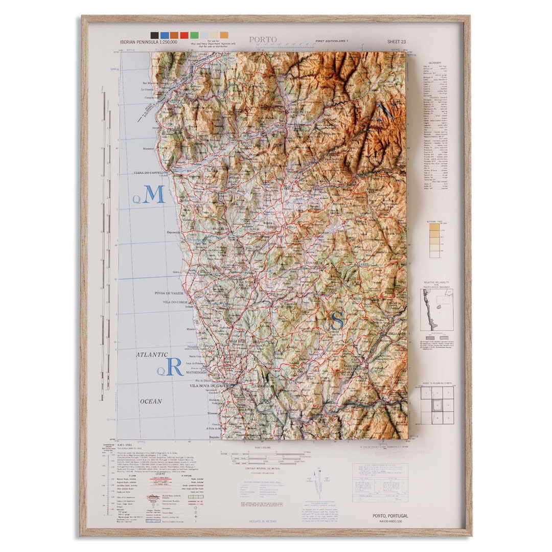 Porto (portugal) Topographic Map of 1944 - 2D Poster Shaded Relief Map ...