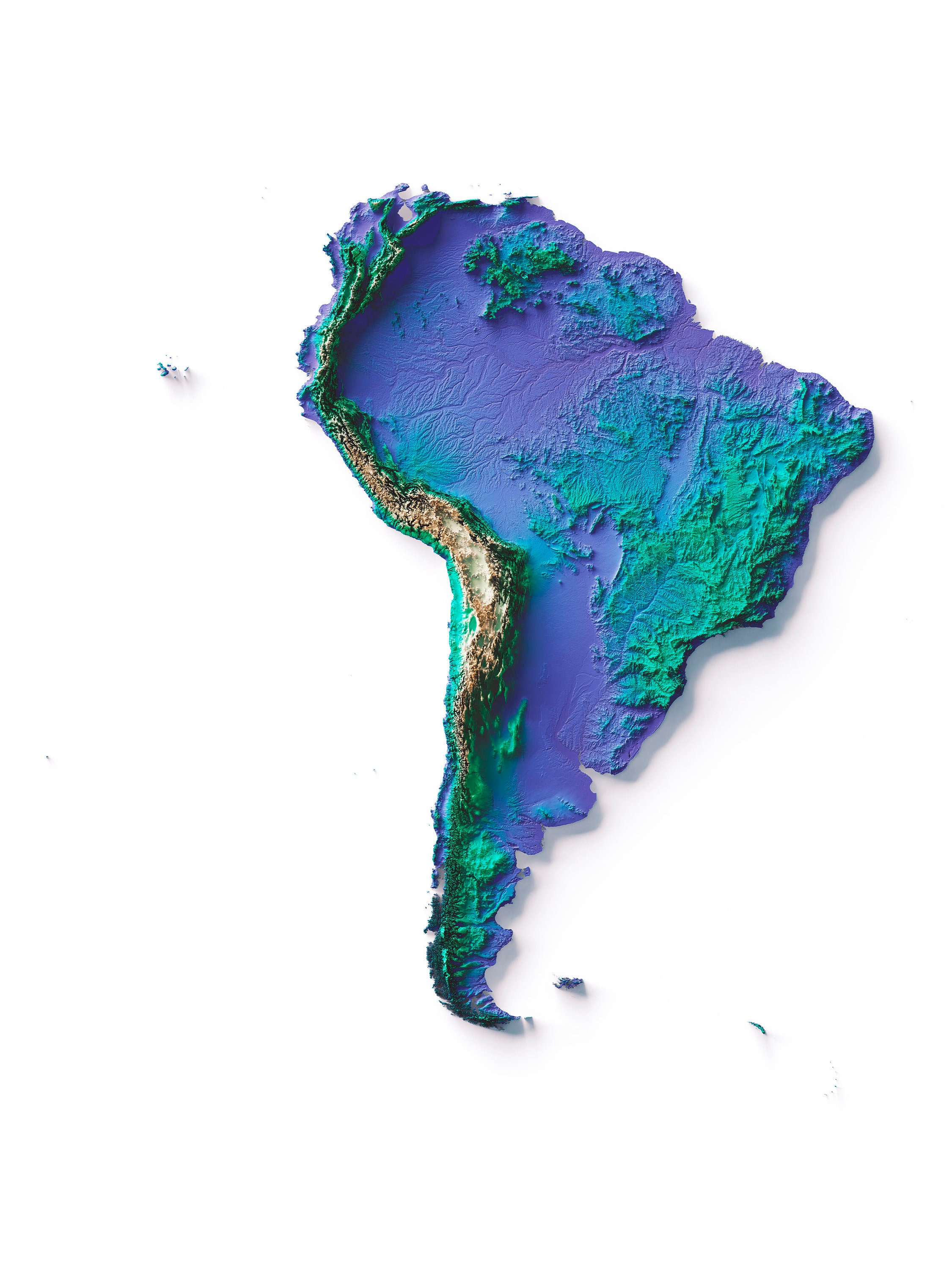 South America Elevation Map viridis 2D Poster Shaded Relief Map, Fine ...