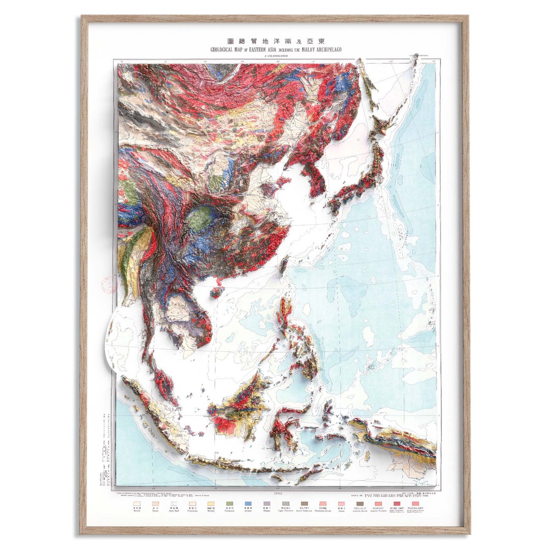 Eastern Asia Geological Map of 1932 - 2D Poster Shaded Relief Map, Fine ...