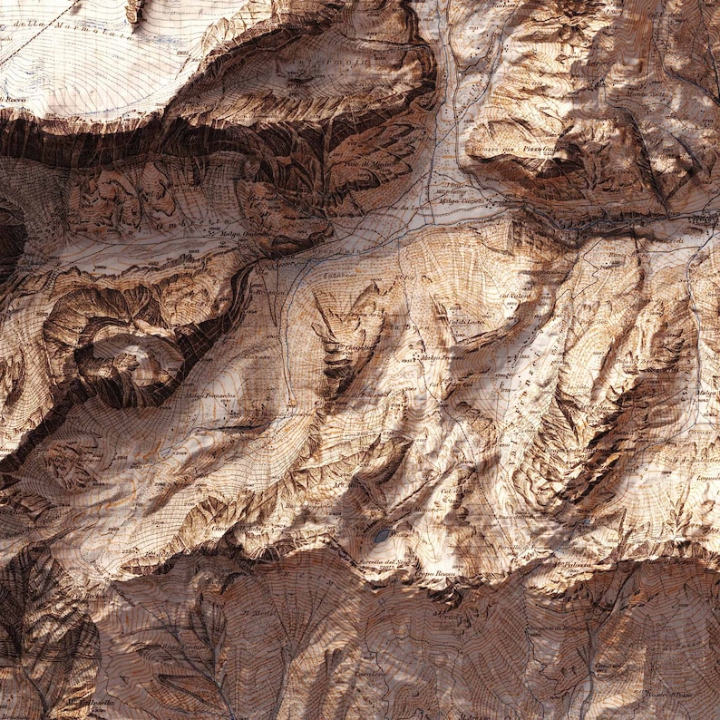Marmolada (italy) Topographic Map of 1926 - 2D Poster Shaded Relief Map ...