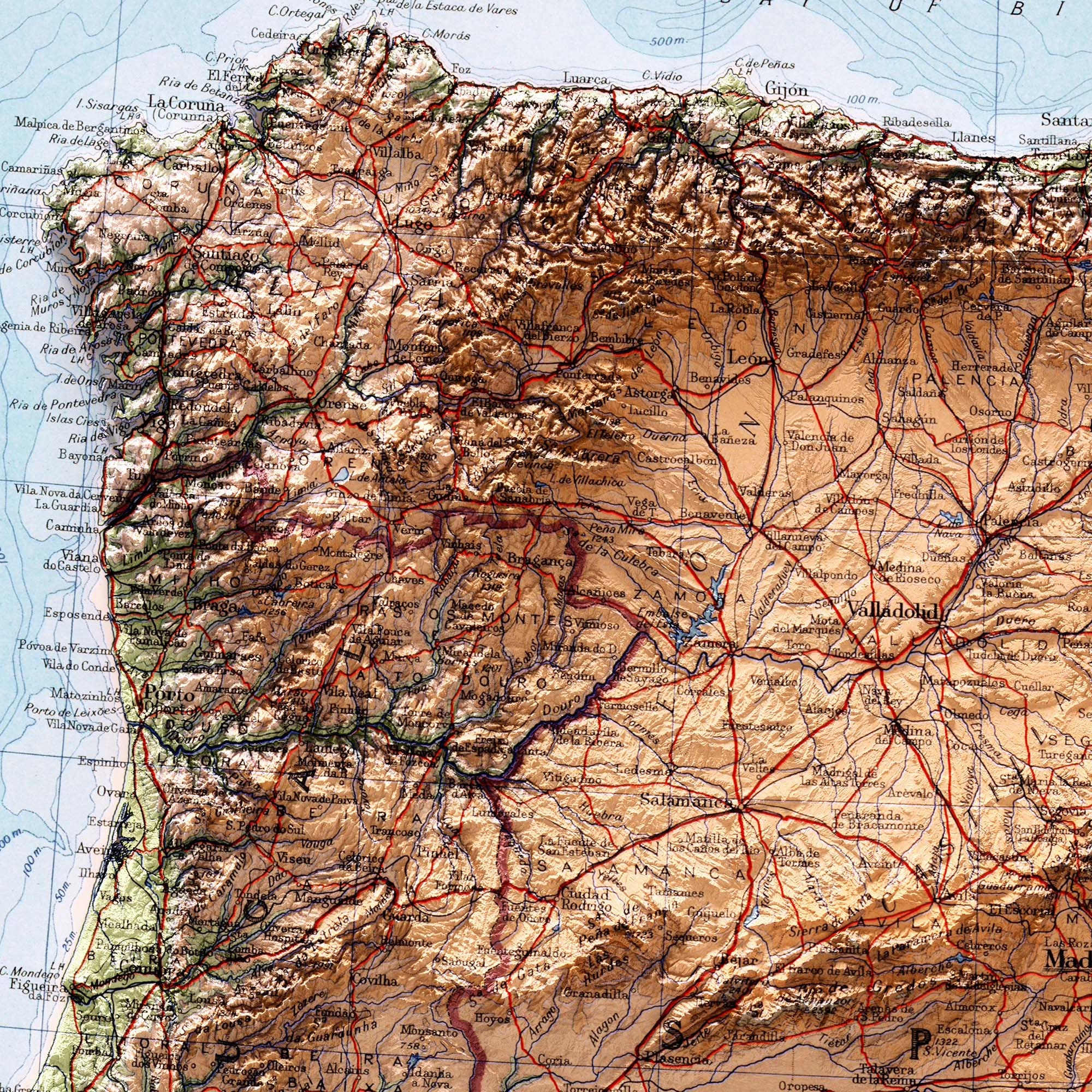 Iberian Peninsula Topographic Map of 1956 2D Poster Shaded Relief Map ...