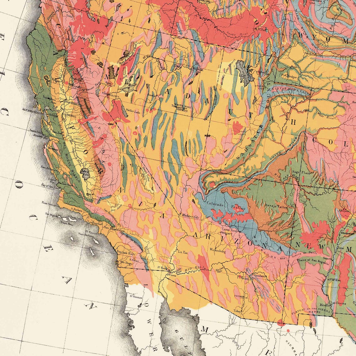 United States of America 1874 Geological Map - Restored Vintage Reprint ...