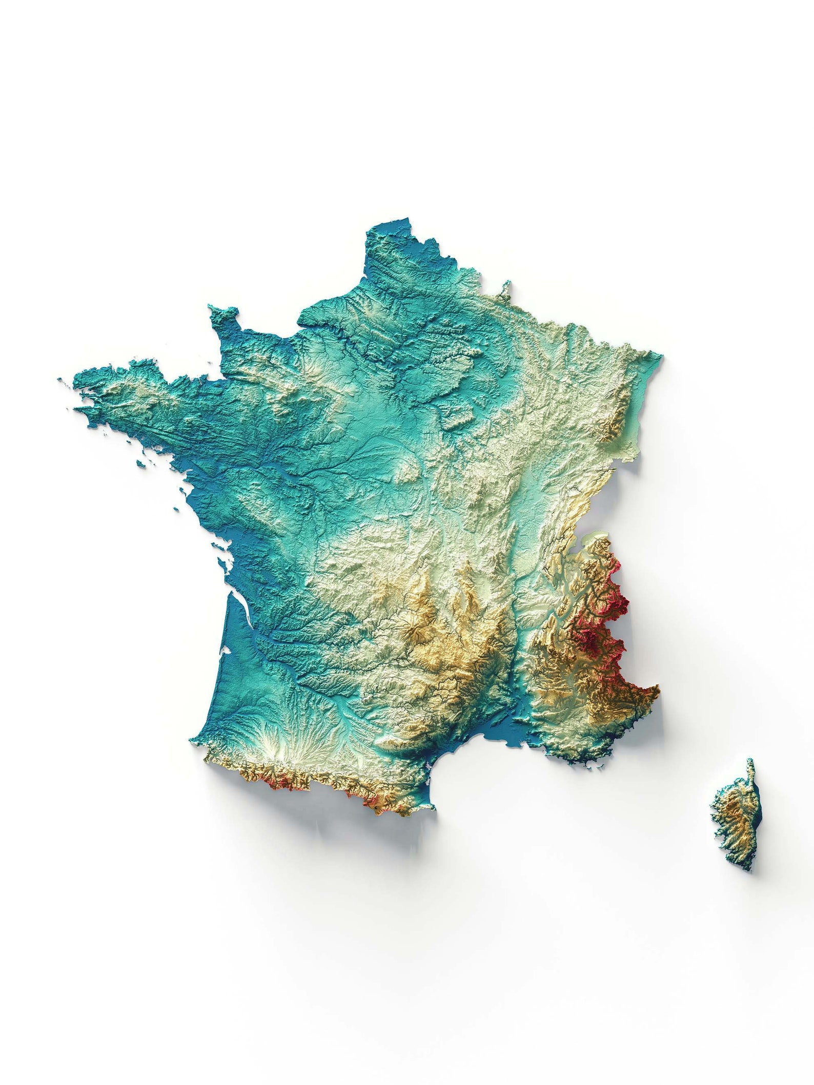 France Elevation Map (spectral) - 2D Poster Shaded Relief Map, Fine Art ...