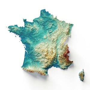 France Elevation Map (spectral) - 2D Poster Shaded Relief Map, Fine Art ...