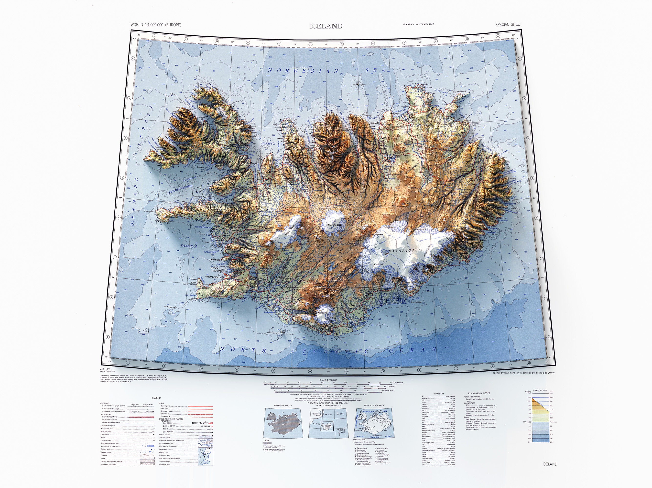 Iceland Topographic Map of 1952 2D Poster Shaded Relief Map, Fine Art ...